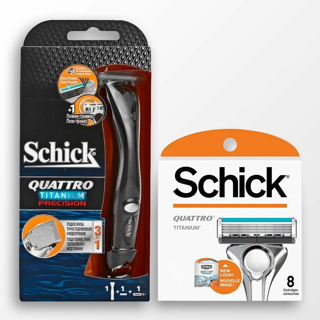 SCHICK QUATTRO Titanium PRECISION Станок бритвенный с 1 кассетой, подставкой и триммером + 8 кассет