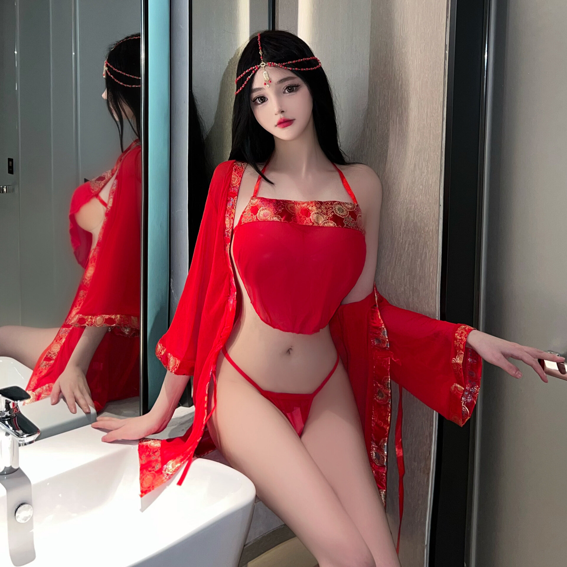 Сексуальное нижнее белье, красное свадебное платье, классическое кимоно, лиф в китайском стиле с завязками на шее, соблазнительная сексуальная униформа. Верхняя одежда + лиф + стринги.