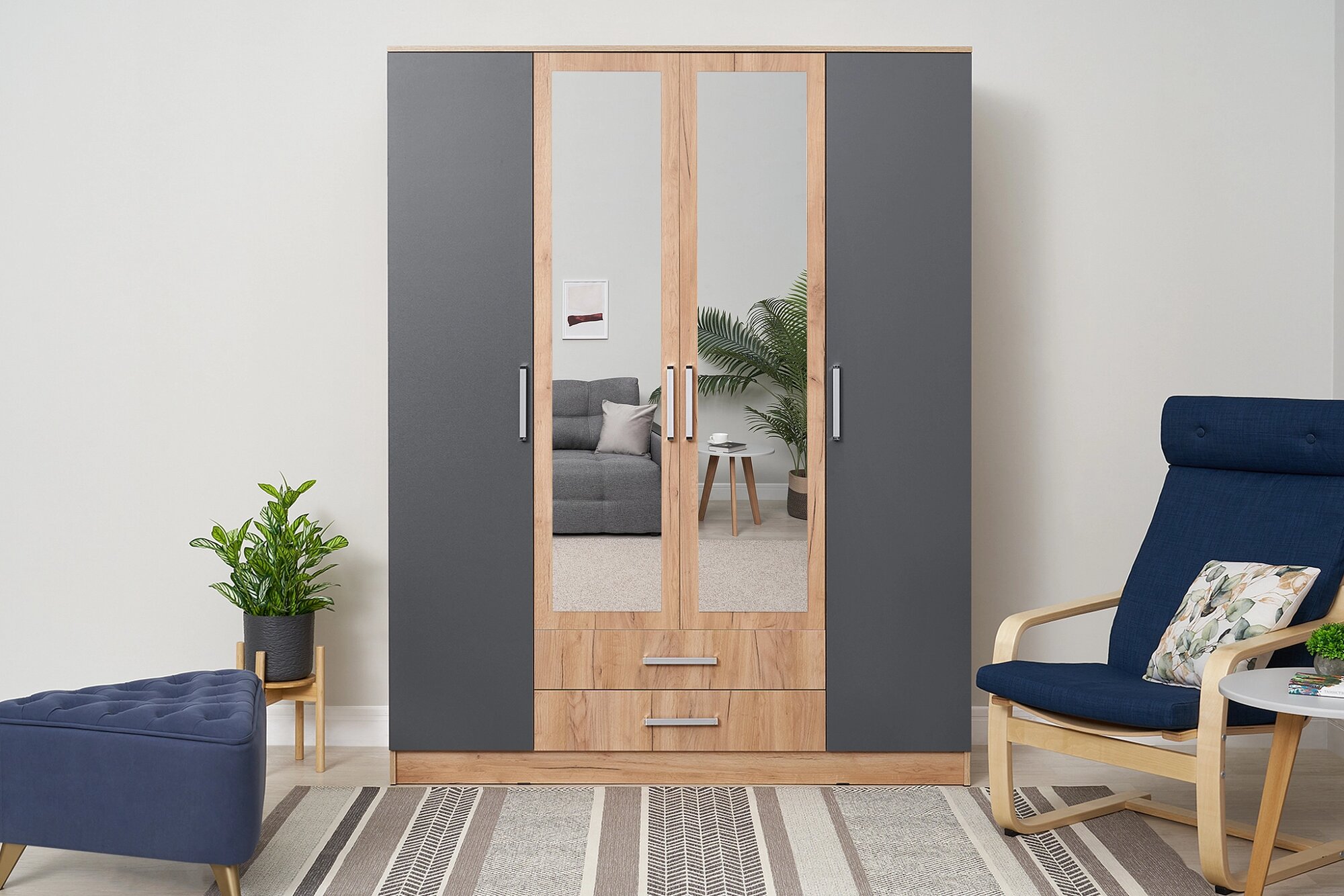 Шкаф распашной с зеркалом Миф Мартина 4-х ств. Графит/ Дуб крафт, 1600х2016х520 мм