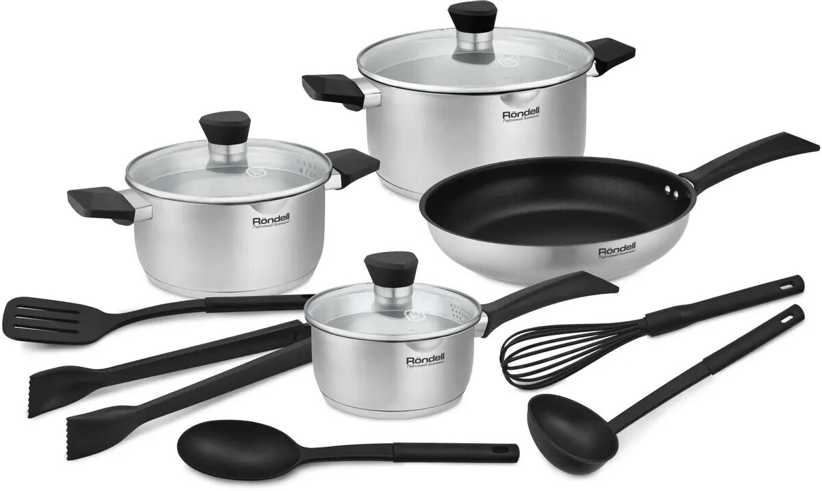 Набор посуды Rondell RDS-1881, 12 предметов серебристый, антипригарное покрытие, подходит для индукц