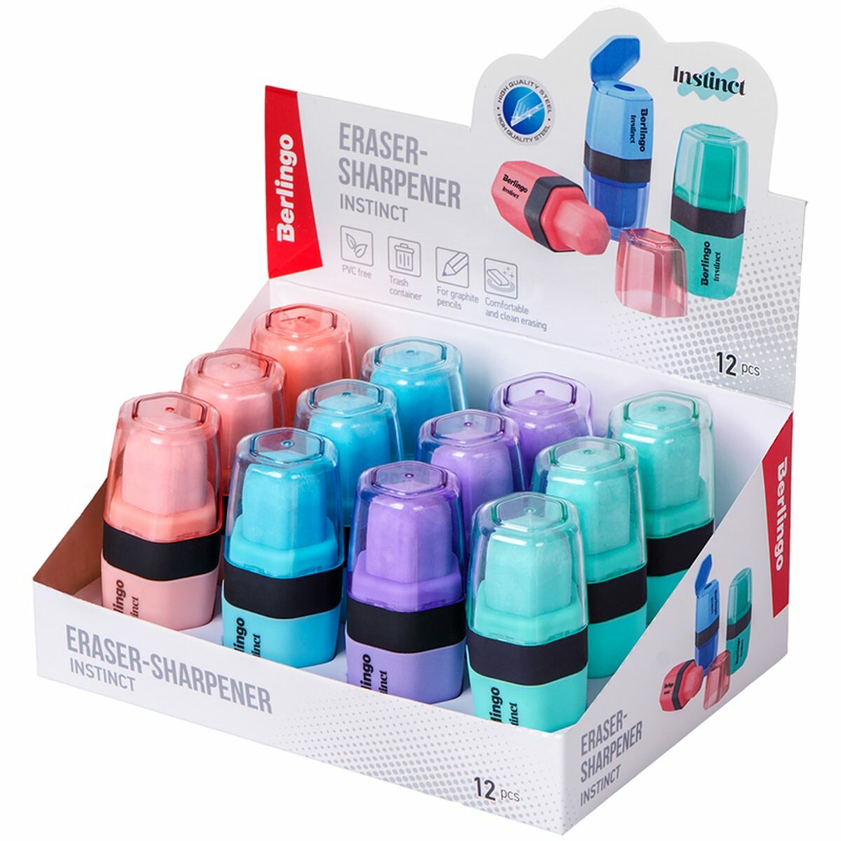 Точилка ручная пластиковая с ластиком Berlingo Instinct (1 отверстие, с контейнером) (BLc_00580), 1шт.
