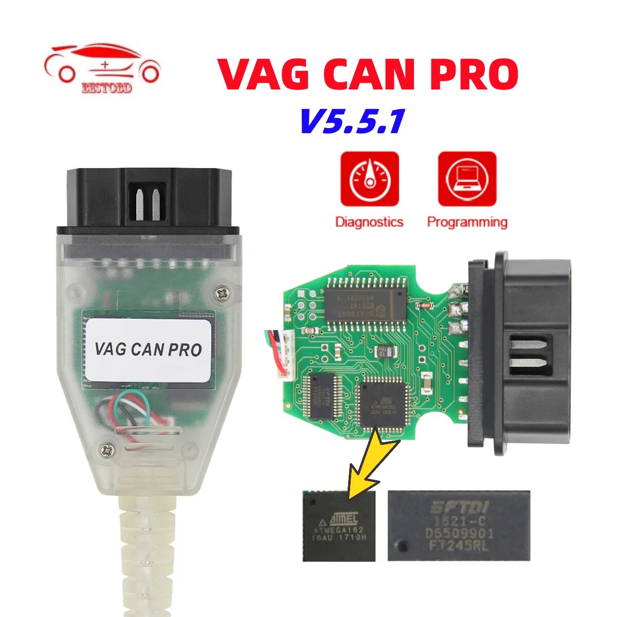 Автомобильный диагностический инструмент VAG CAN PRO VCP 5.5.1 FTDI FT245RL OBD 2 OBD2, с интерфейсом COM, VCDS ATMEGA162, кабель шины K для VW/AUDI No Dongle