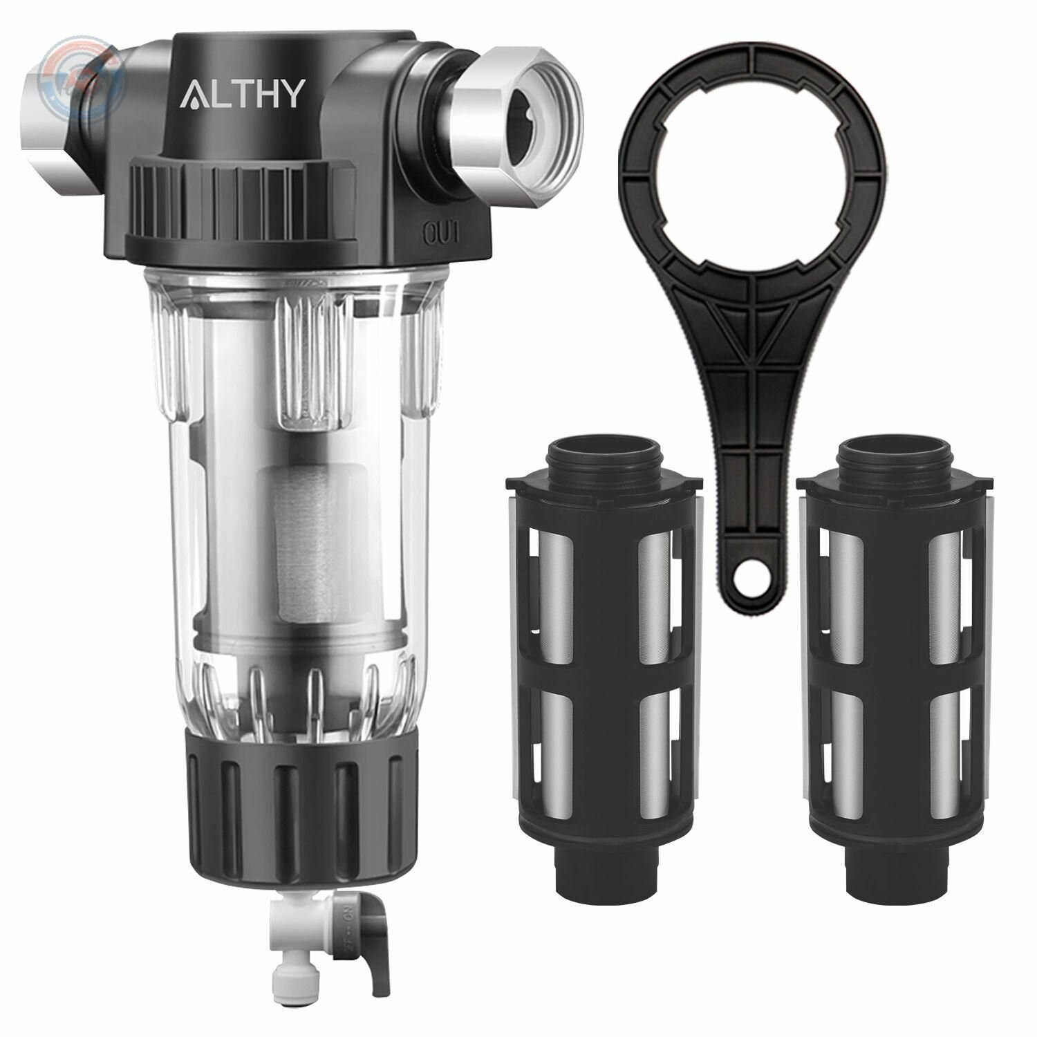 Самопромывной предфильтр для всего дома ALTHY PRE-1, 40 мкм, нержавеющая сетка, поворотная очистка без демонтажа, комплект 1/2" + 3/4", продлевает срок службы сантехники