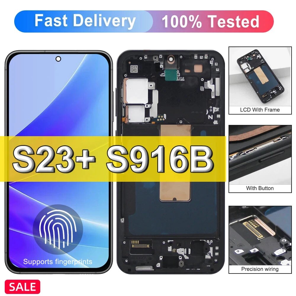 Экран AMOLED S23+, для Samsung Galaxy S23 Plus 5G, ЖК-дисплей S916B G996B/DS, сменный преобразователь сенсорного экрана в сборе + рамка EUR Black Frame