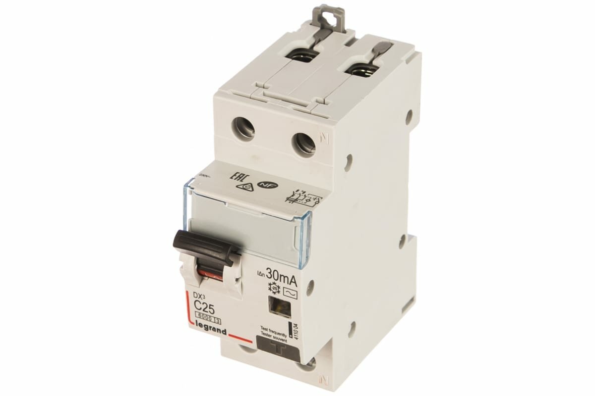 Автоматический выключатель Legrand дифференциального тока DX³ 6000 10 кА тип характеристики С 1П+Н 230 В~ 25 А тип AС 30 мА 2 модуля 411004