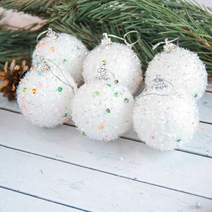 Набор елочных шаров "Пушинка", диаметр 5,5 см, 6 шт, пластик, цвет белый
