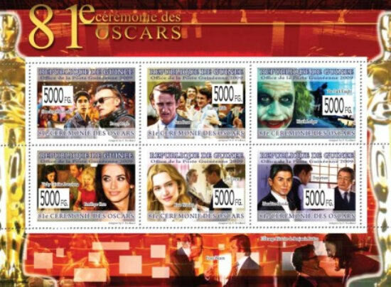 Почтовые марки Гвинея 2009г. "Знаменитости - 81-я церемония вручения Оскара" Актеры, Кино MNH
