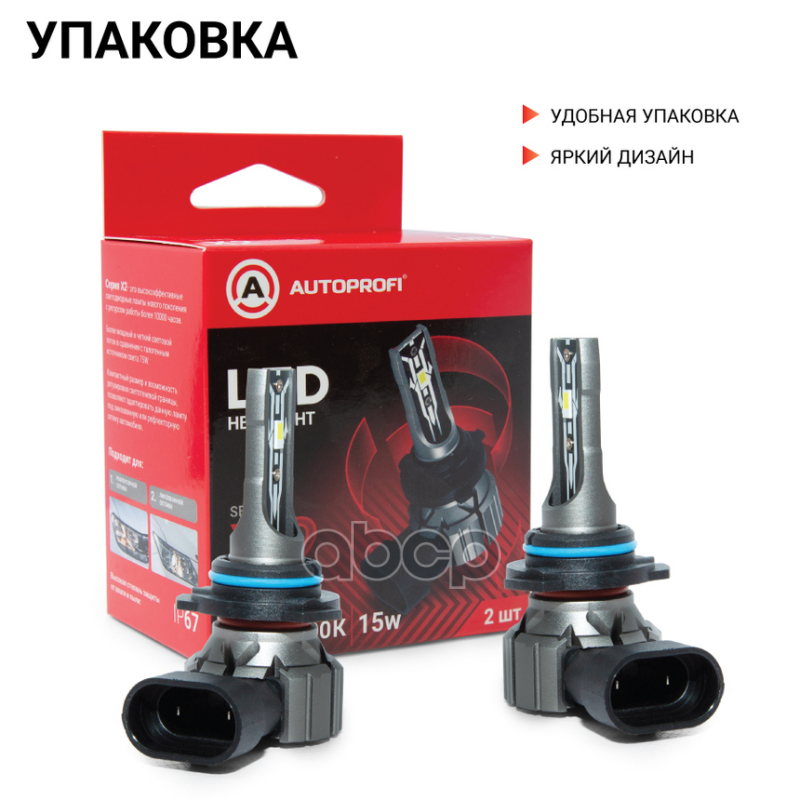 Лампа светодиодная! HB4, 12V / 15W, 6000K, 4000 Lm, комплект 2 шт. AUTOPROFI арт. X2HB4