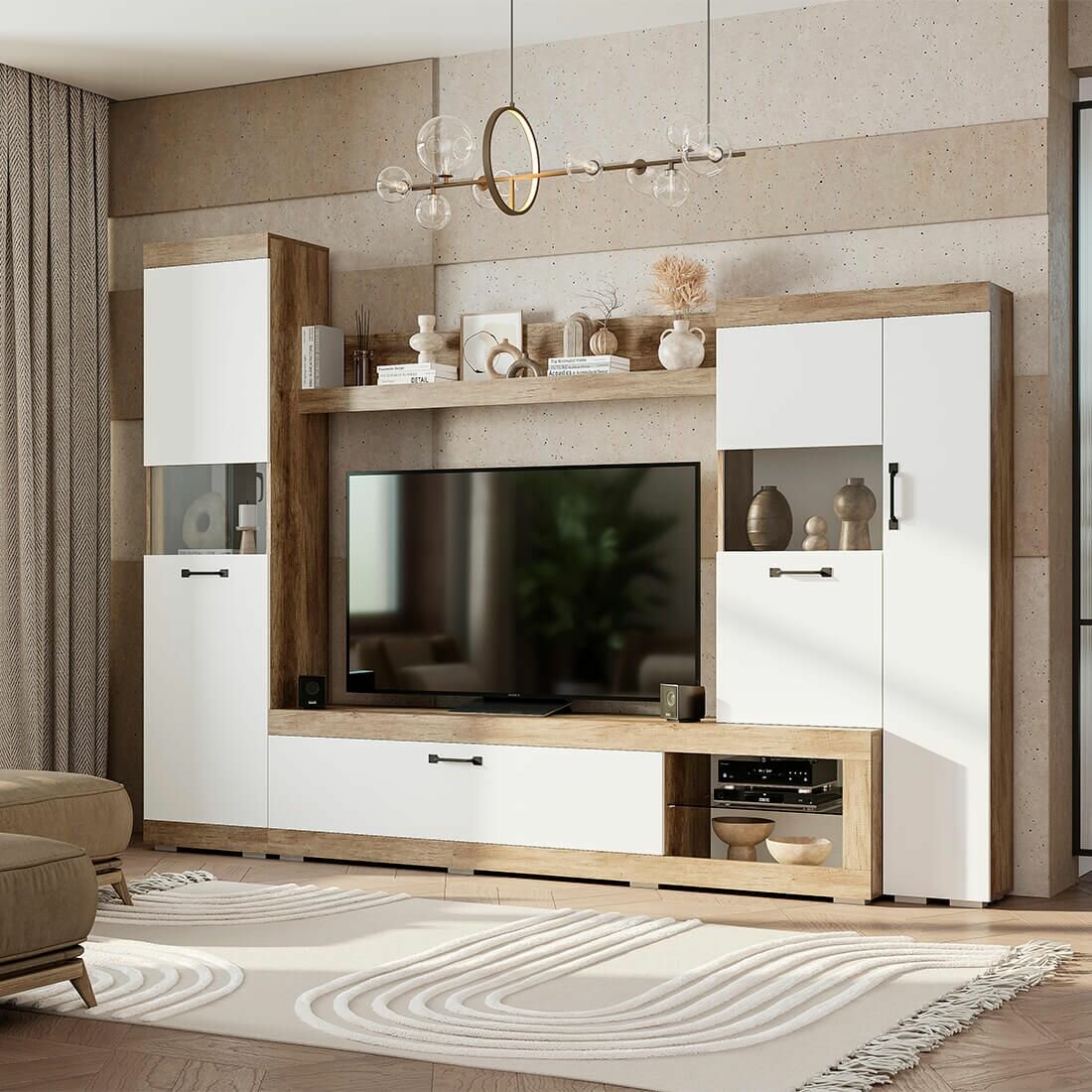 Гостиная Мебелони "Тесла", современный стиль, ЛДСП, МДФ, с местом под ТВ, дуб каньон