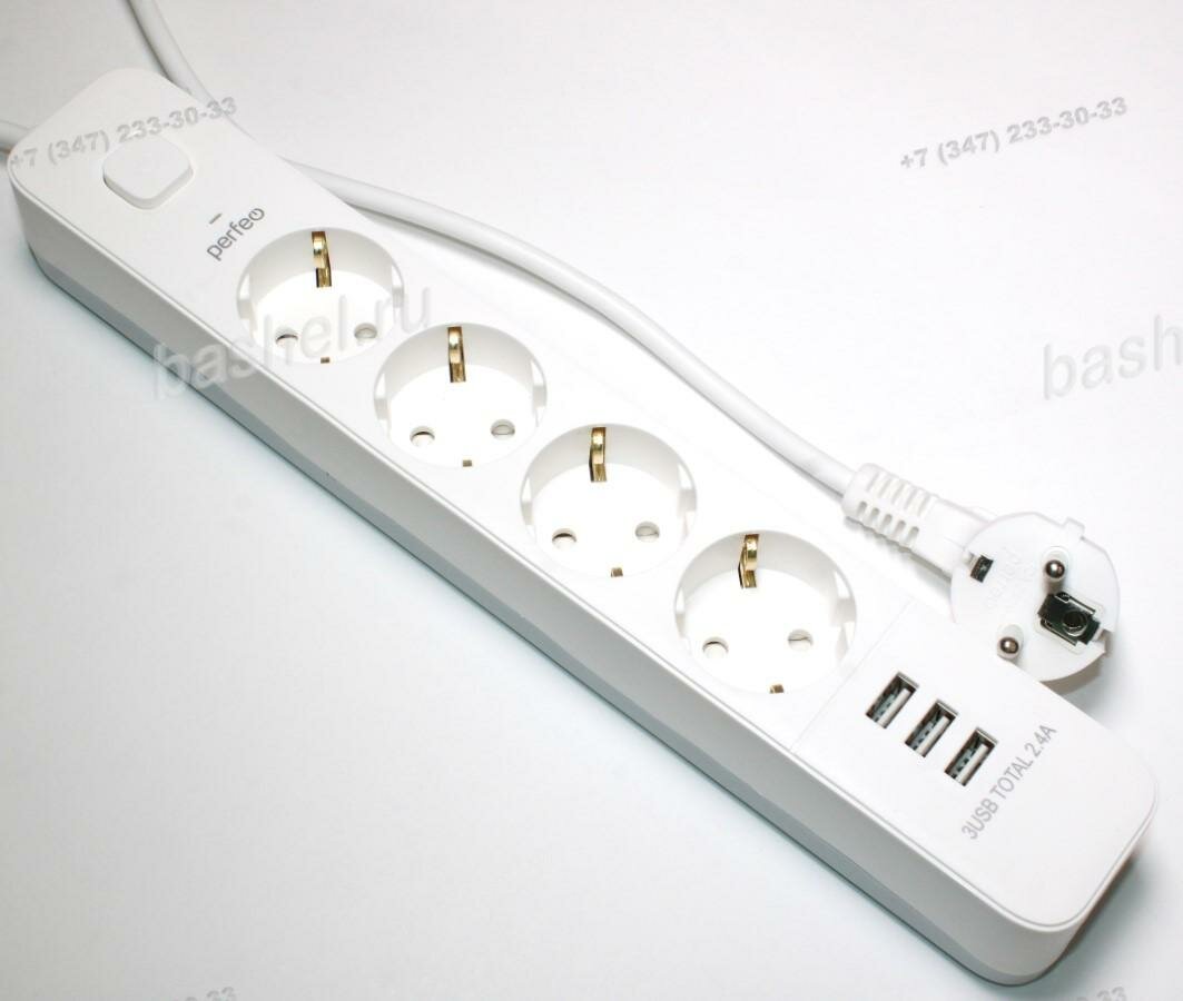 Фильтр сетевой Perfeo "POWER STREAM" 2500 Вт, 10А, 4 розетки, земля + 3 USB 2,4 А, 2,0 м, белый