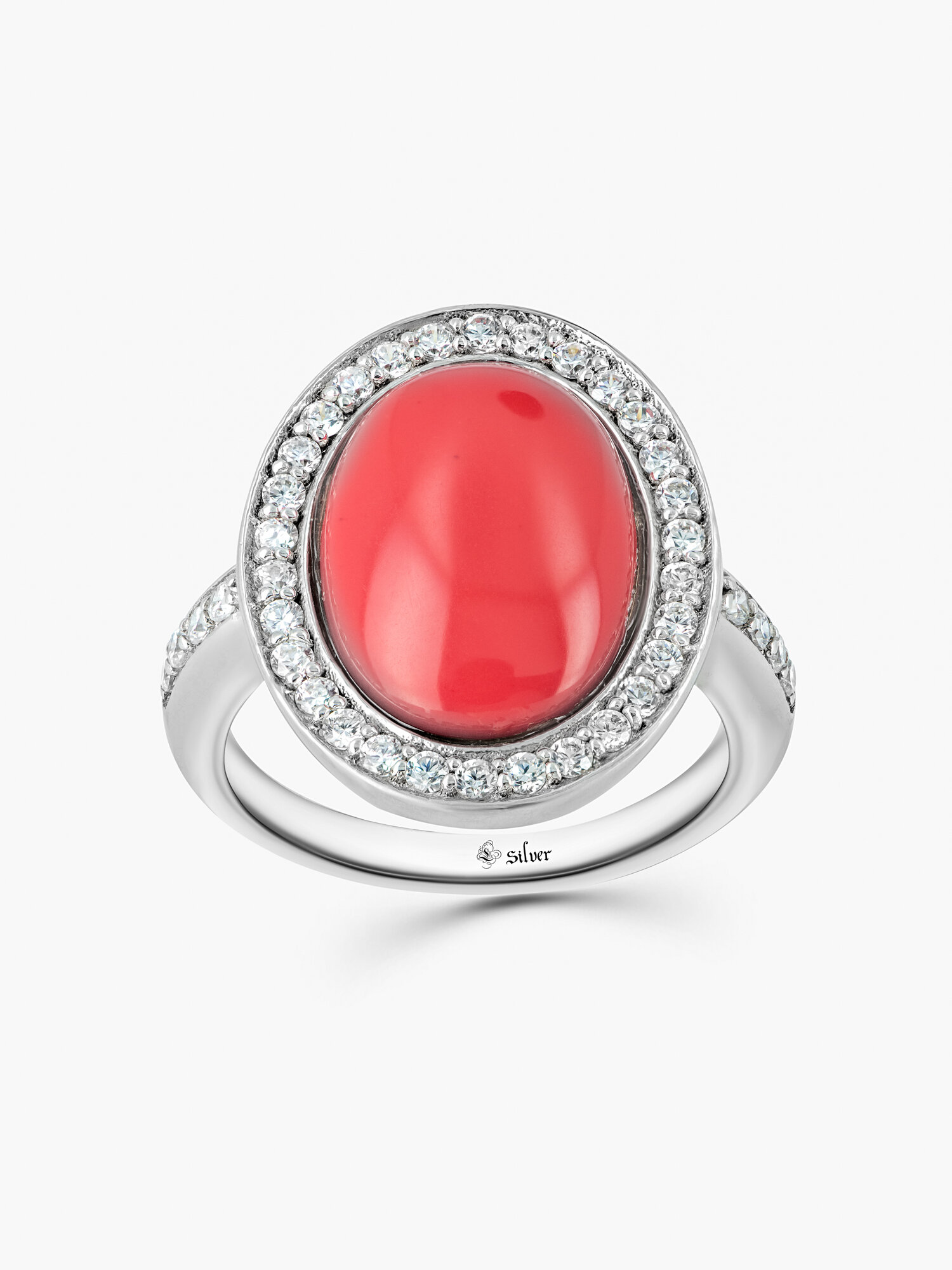 Кольцо на фалангу, серебро, 925 проба, родирование, коралл, коралл прессованный, фианит