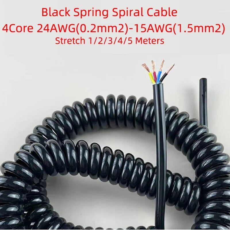 Черный пружинный телескопический кабель 4 жилы 4C 18AWG 0.75mm2, Stretch 1Meter