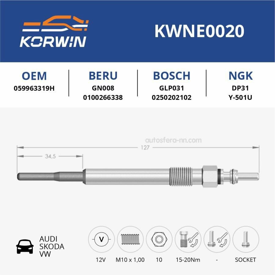 KORWIN KWNE0020 Свеча накаливания Audi/Skoda/VW (гар. 2 года) пр. Турция