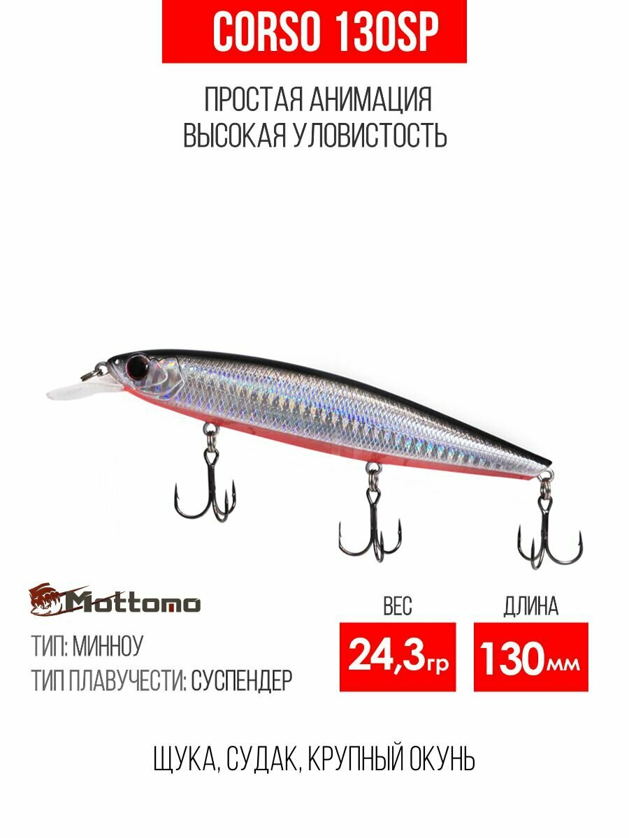 Воблер для рыбалки Mottomo Corso 130SP 24,3g, минноу суспендер для спиннинга, твичинга. Приманка на щуку. Silver Fish