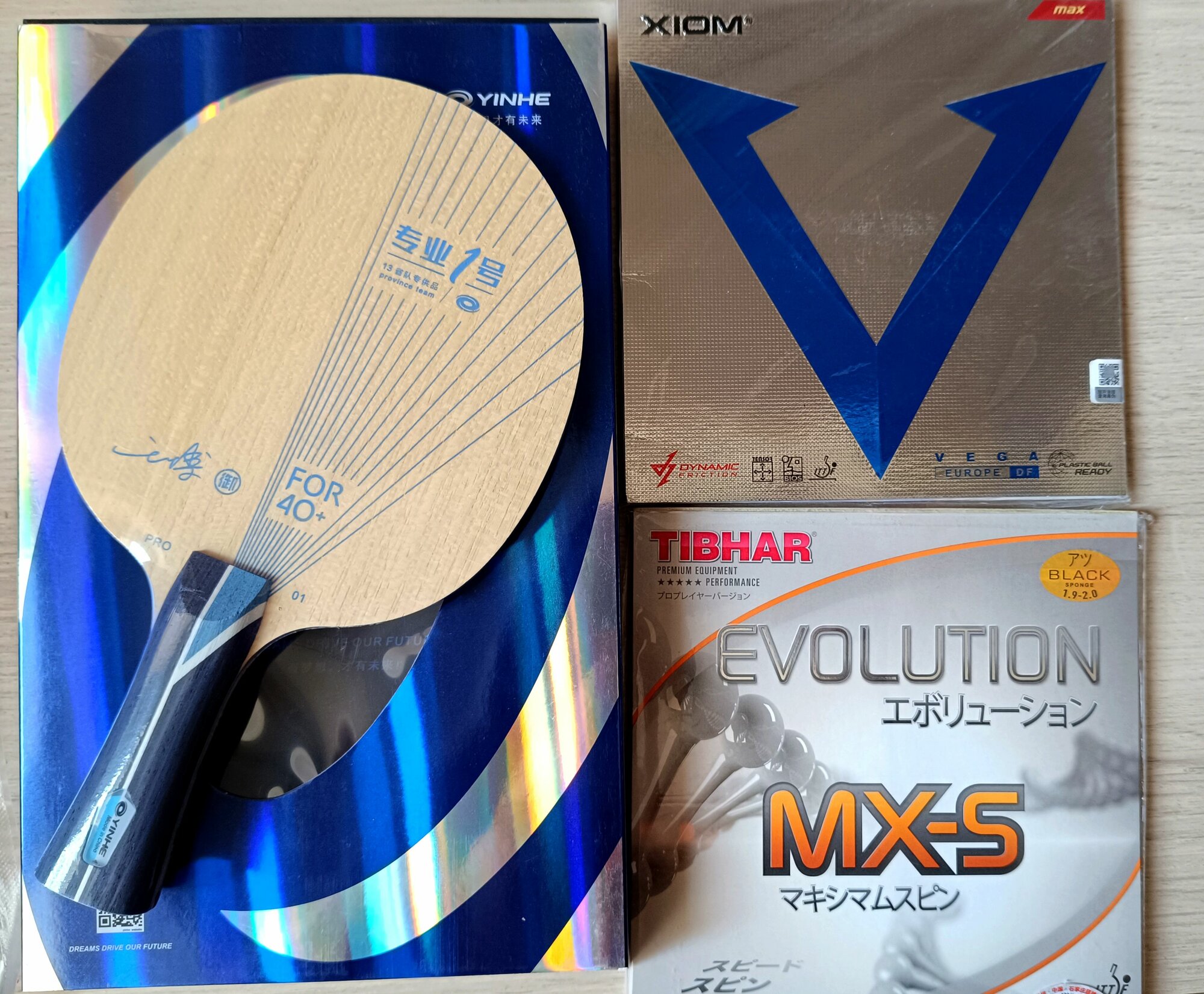 Профессиональная Ракетка ручной сборки - Основание Yinhe PRO 01 + Xiom Vega Europe DF + Tibhar evolution MX-S (Атакующая)