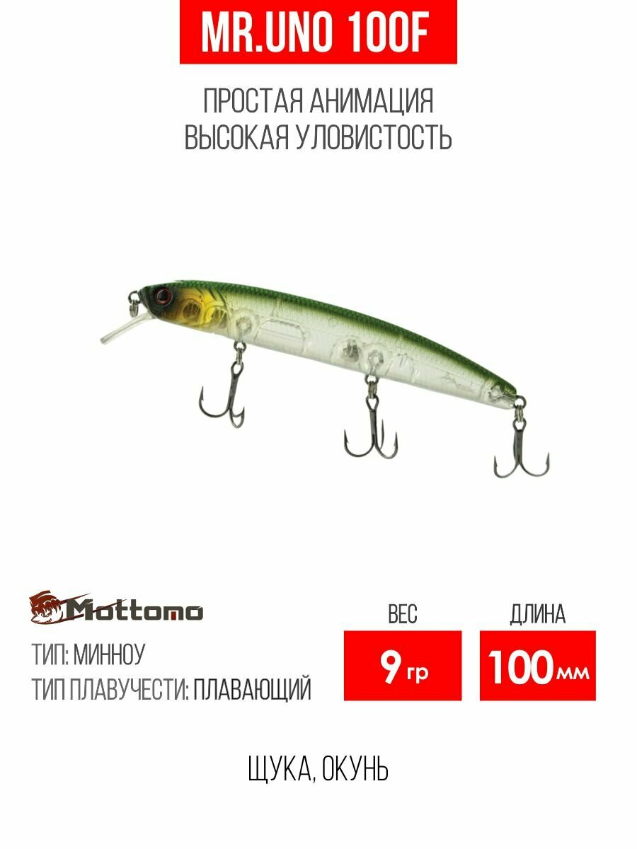 Воблер для рыбалки Mottomo Mr.Uno 100F 9g минноу плавающий для спиннинга, кастинга, твичинга. Приманка на щуку, судака