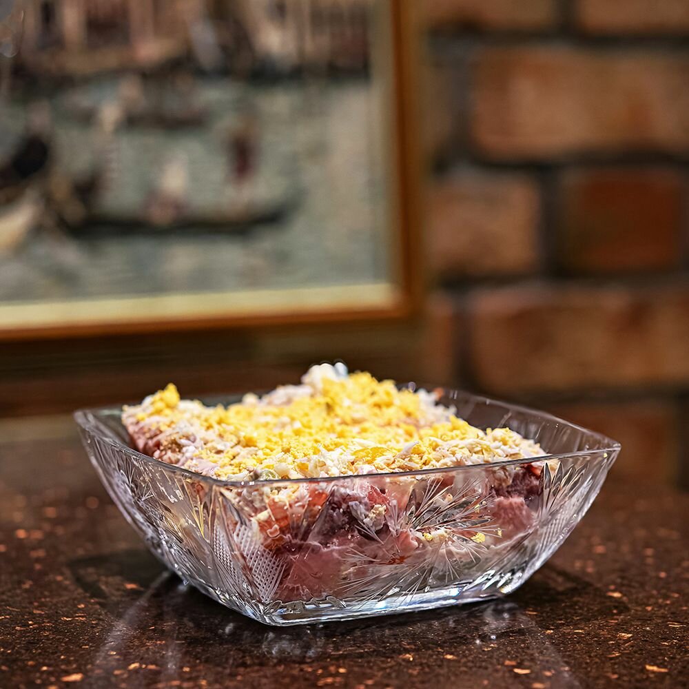 Квадратная ваза салатник из хрусталя, для сладкого, для салатов, холодных закусок, диаметр 16 см. Неман 1000/31, 10648/1