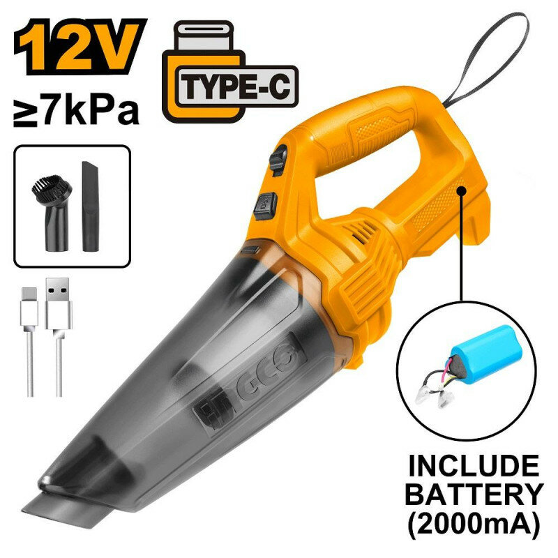 Пылесос автомобильный аккумуляторный 11 В, 100 Вт, батарея Li-Lon, Ingco CVLI2026