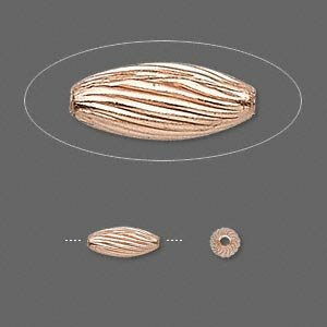 Бусина металлическая, 9х4мм, рис с бороздками, витая, базовый материал - медь, яркая медь, 10 шт.