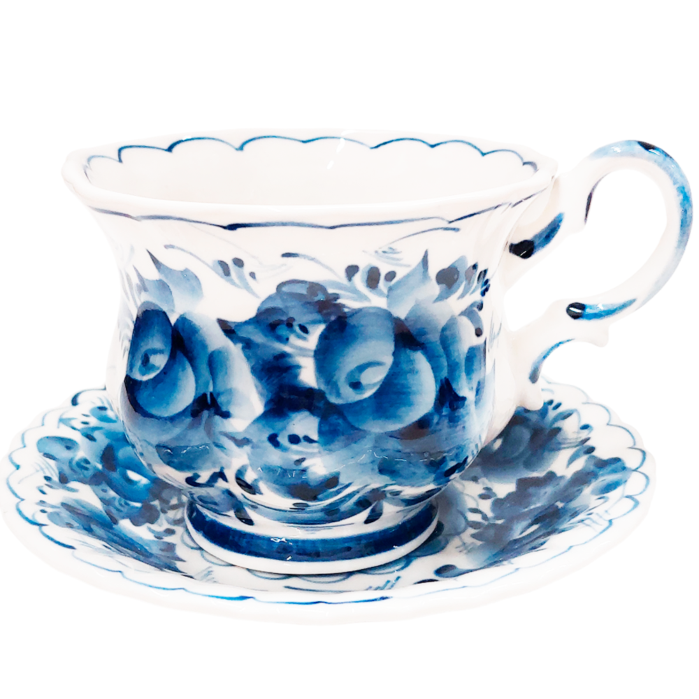 Фарфоровая чайная пара ручной работы "Анимон", гжель