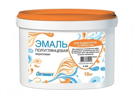Эмаль для Радиаторов Optimist E309 1кг Супербелая, Полуглянцевая для Наружных и Внутренних Работ / Оптимист Е309.
