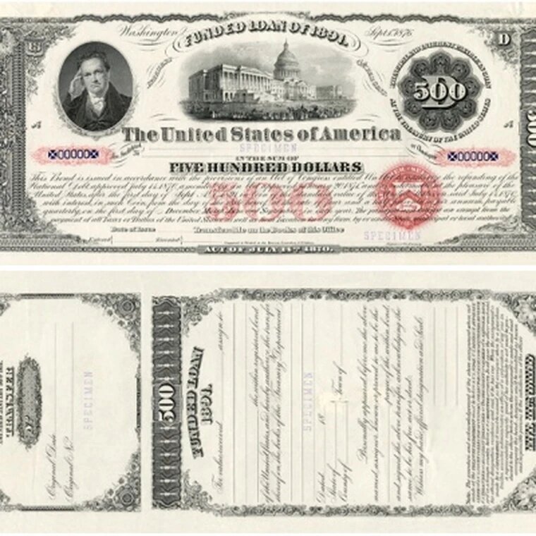 500 долларов 1876-1891 облигация США "образец", сувенирная копия, банкноты и купюры редкие коллекционные