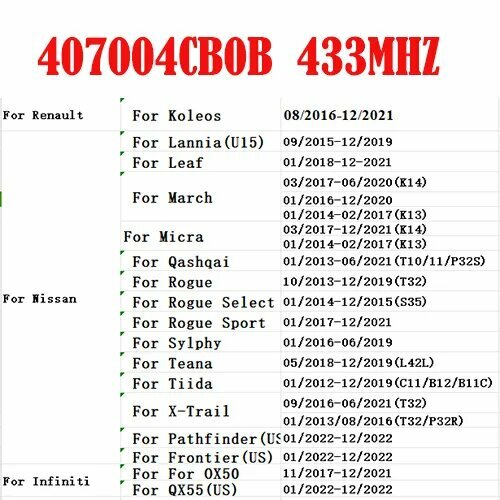 Комплект из 4 датчиков давления в шинах TPMS для Nissan Qashqai J10 J11, X-Trail T32, Leaf, Juke, Kadjar, Lada Granta (407004CB0B, 407004CB0A) 407004CB0B