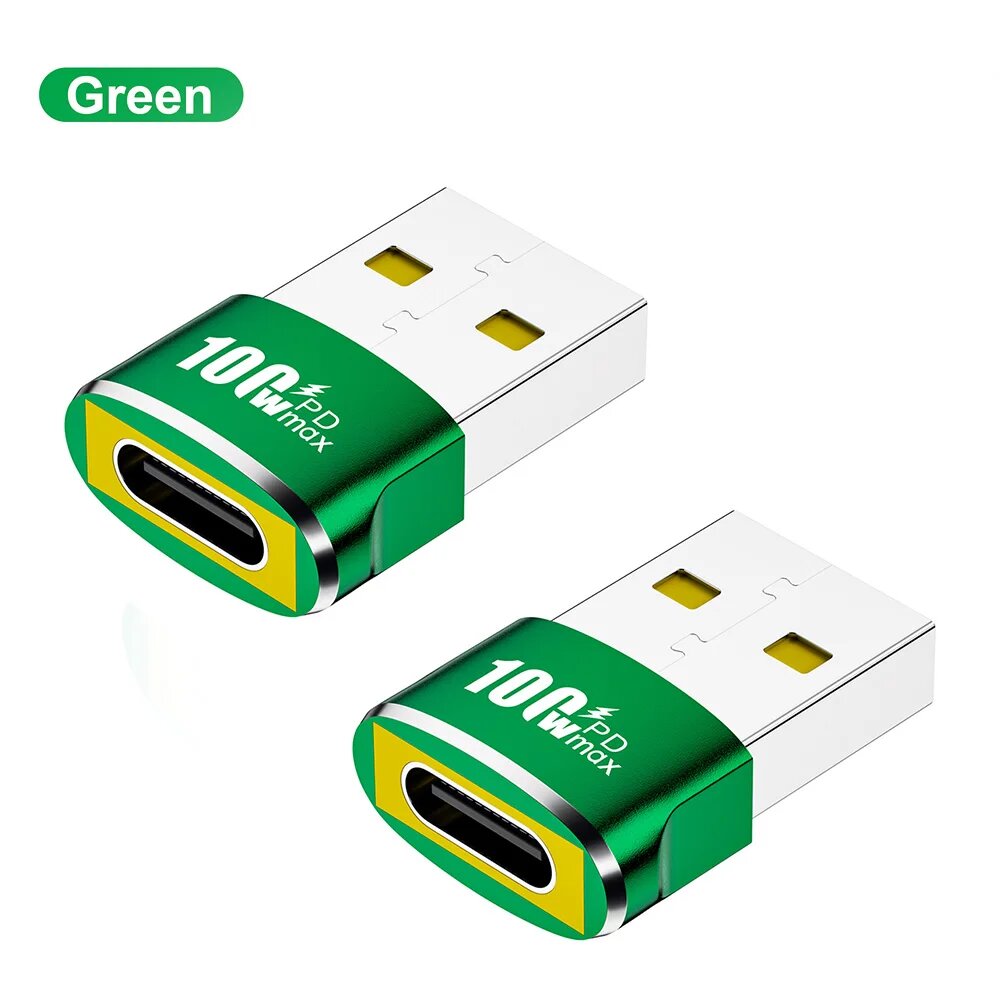 Переходник USB-C на USB, 100W, зеленый (2шт)