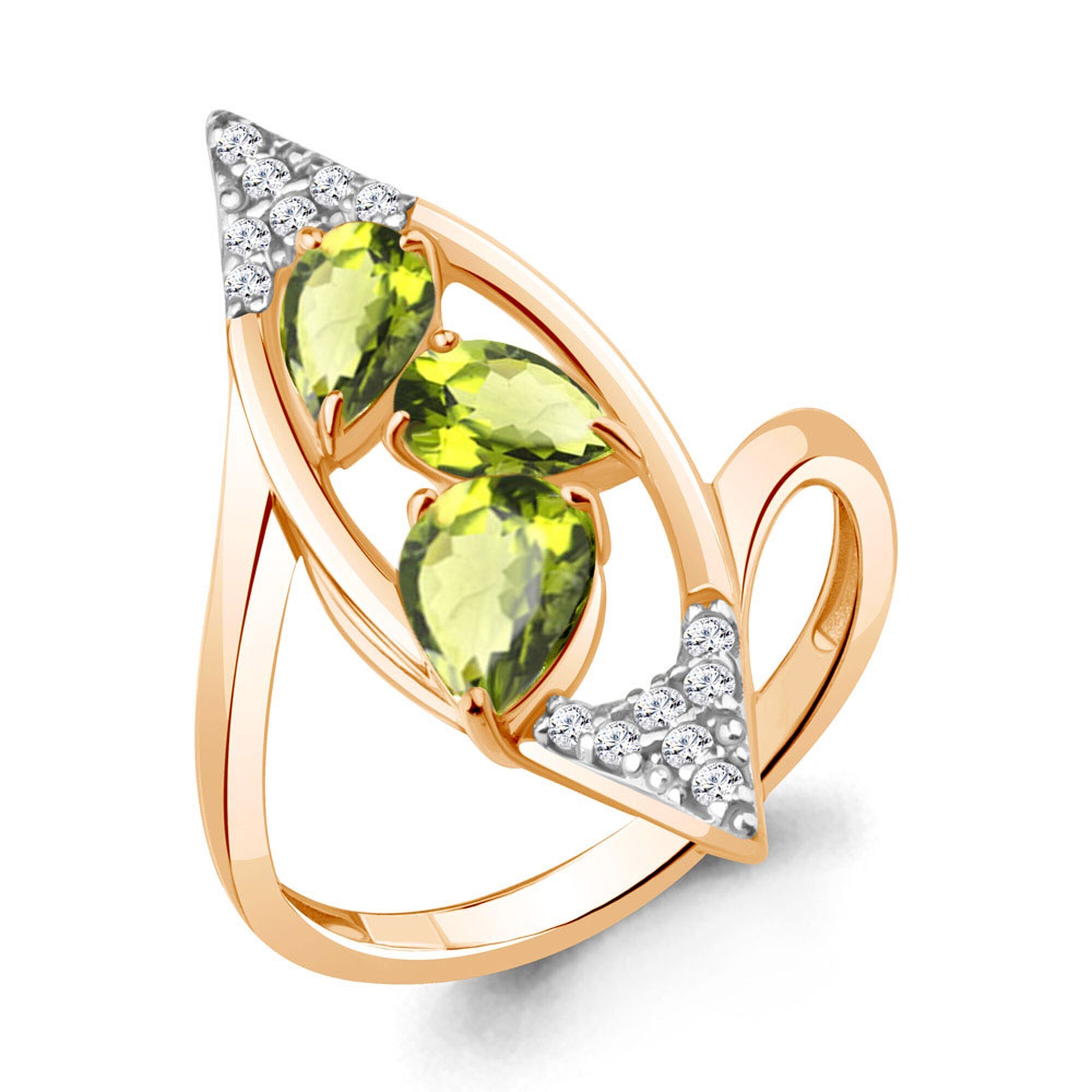 Кольцо, серебро, 925 проба, золочение, хризолит, фианит