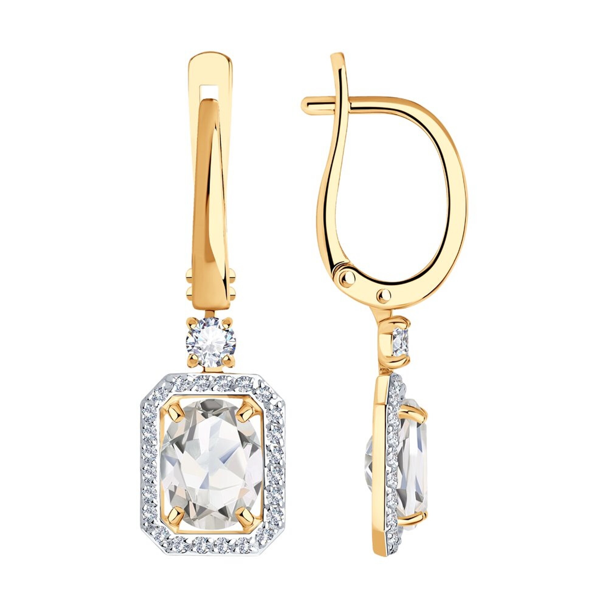 Серьги, красное золото, 585 проба, фианит, горный хрусталь