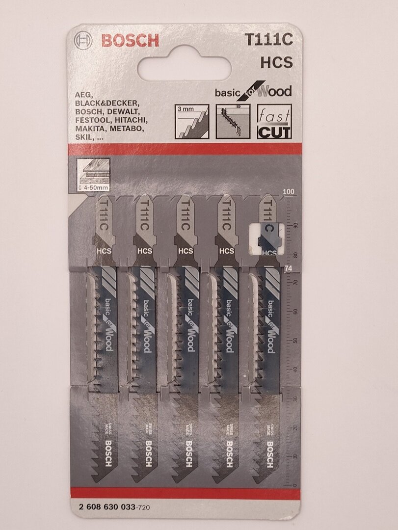 Пилки для лобзиков по дереву T111C HCS (Длина общая - 100мм, рабочая - 74мм) 5 штук Bosch 2608630033 Оригинал