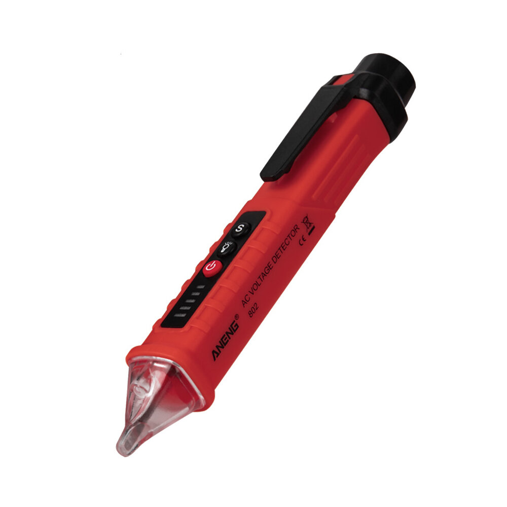 ANENG VD802 Неконтактный тестер напряжения переменного тока 12V-1000V стилus, красный/желтый/черный, материал ABS, дисплей цифровой, размеры 156x20x20mm, класс точности III, модель AC10, источник питания 2x1.5V AAA батарейки (не в комплекте), фонарик,