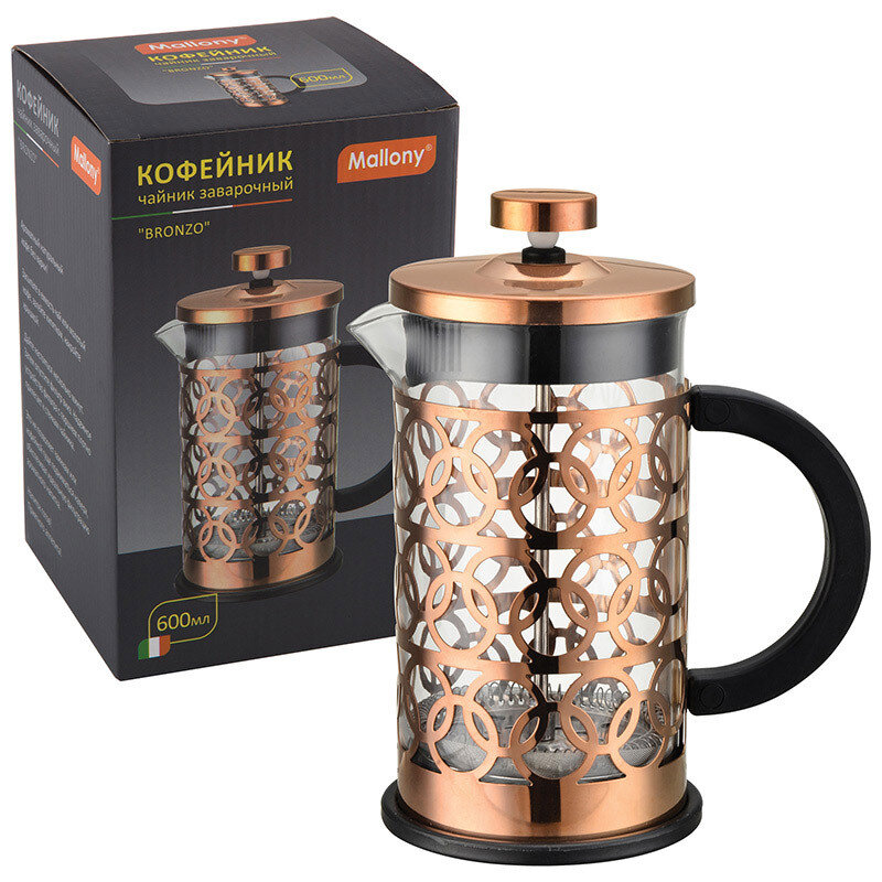 Чайник/кофейник (кофе-пресс), BRONZO, объем: 600 мл, из боросиликатного стекла, нержавеющая сталь (медный) (950154)
