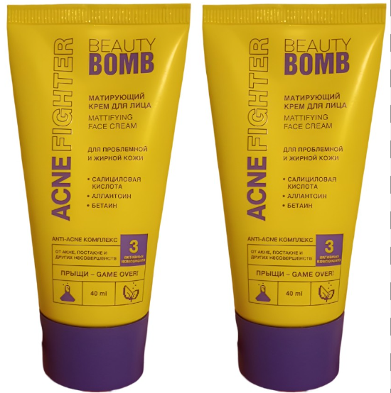 Крем для лица Beauty Bomb матирующий для жирной и проблемной кожи Agne Fighter, 40 мл, 2 шт