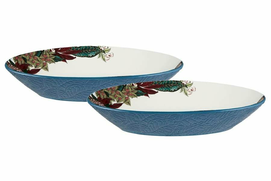 Набор 2 салатника, 32х23 см, 1,5 л, керамика, овальный, синий, Цветы и птица, Reminisce (Maxwell&Williams)