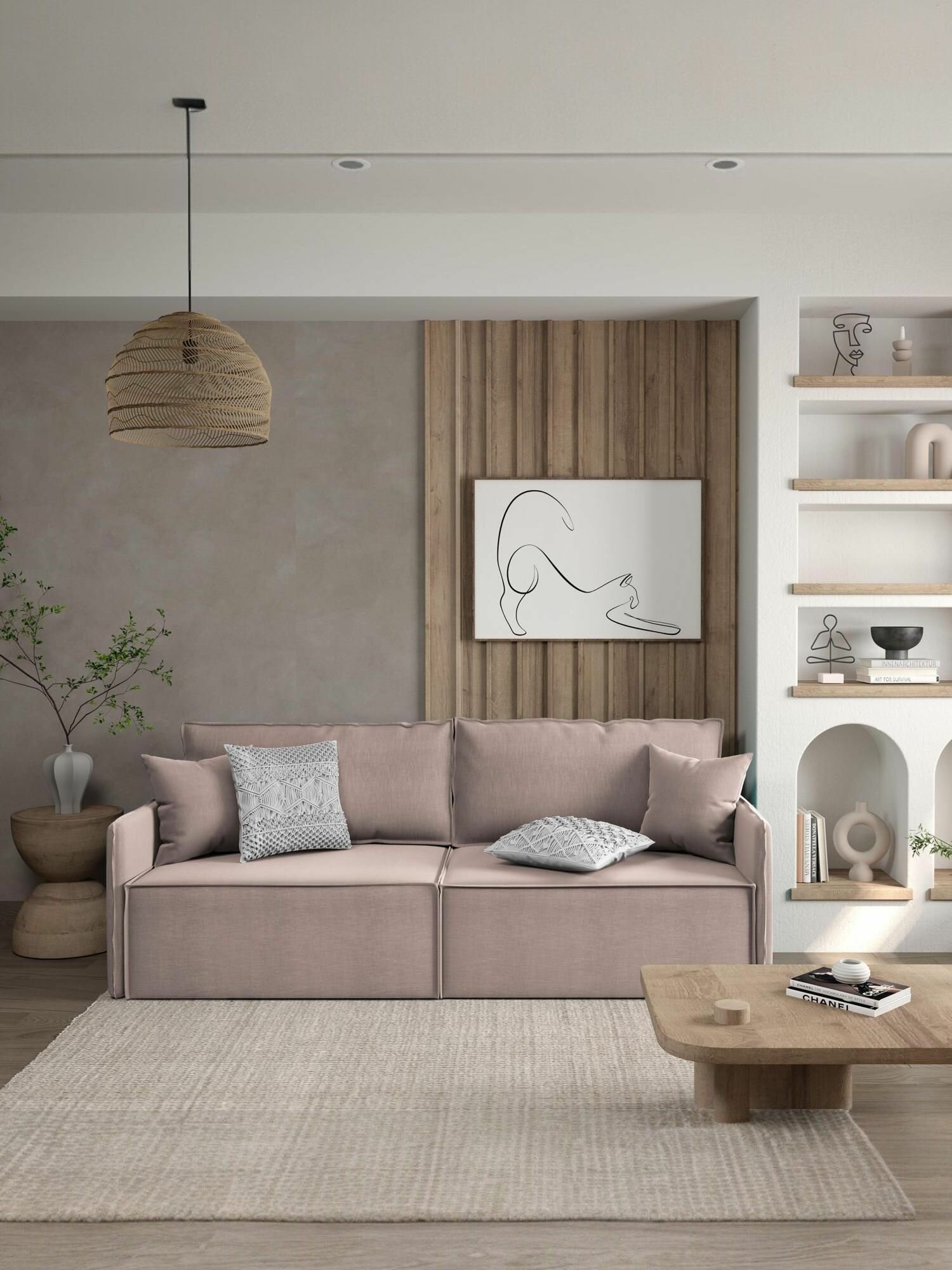 Прямой диван Manons Maison Hygge Slim, раскладной механизм Еврокнижка, Рогожка бежевый, 218х100х86 см