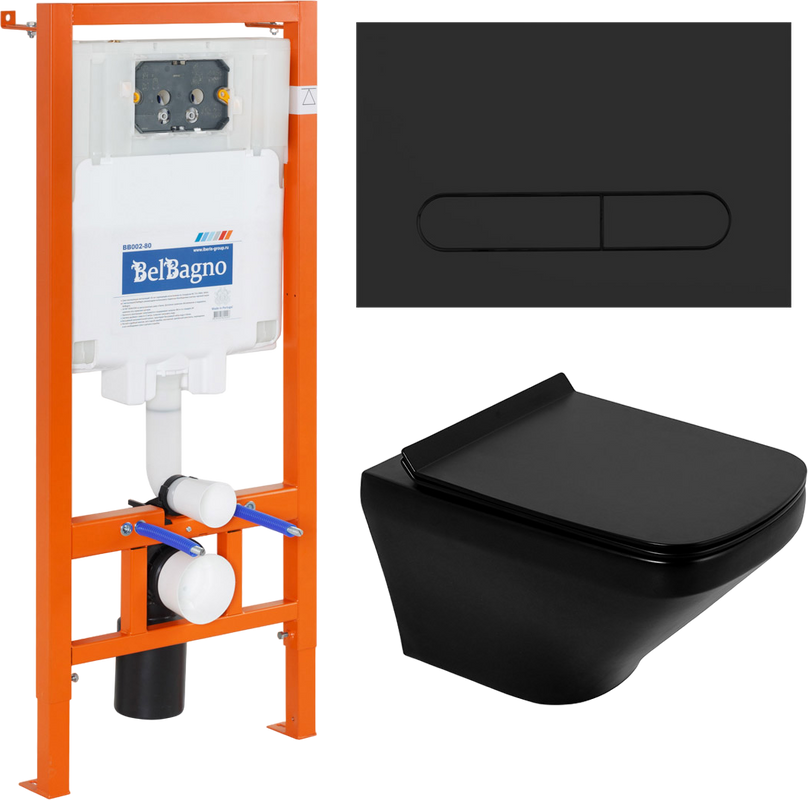 Комплект Унитаз подвесной BelBagno Sela BB3201CHR-MB крышка BB3201SC-MB, безободковый, с микролифтом + Система инсталляции для унитазов BelBagno BB002