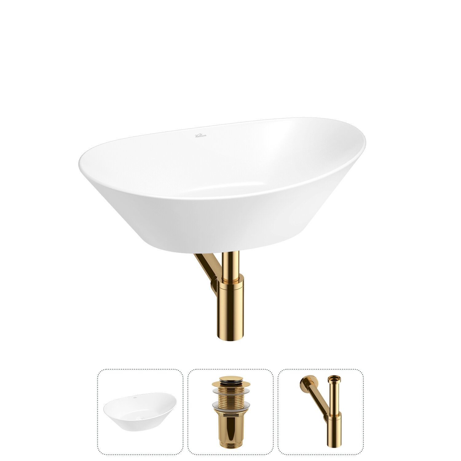 Накладная раковина в ванную комнату Wellsee Dulcet Tones 20212239R в наборе 3 в 1: раковина 56 см в цвете белый глянец, донный клапан, сифон (цвет набора золото)
