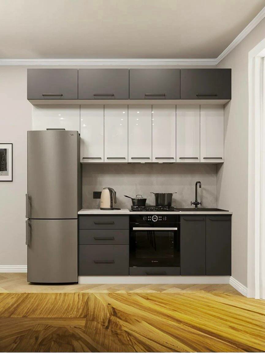 Модульная кухня прямая ЛДСП 1,8 (2,4)м белый глянец/графит без столешницы с модулем под духовой шкаф мебельный РАЙ П1.2