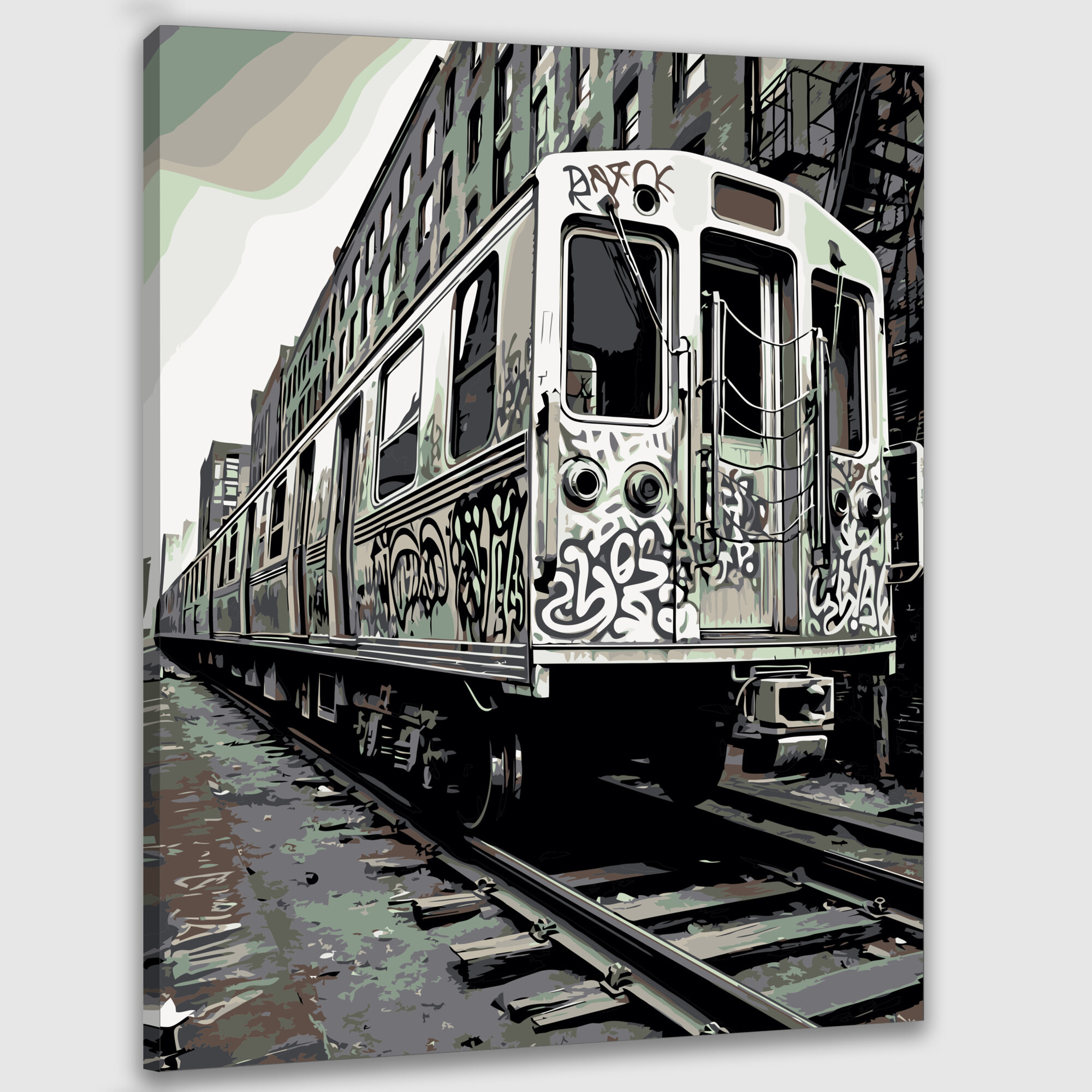 Картина по номерам 40x50 см, граффити, черно-белая фотография, поезд метро, контрастность, детали, текстуры, f