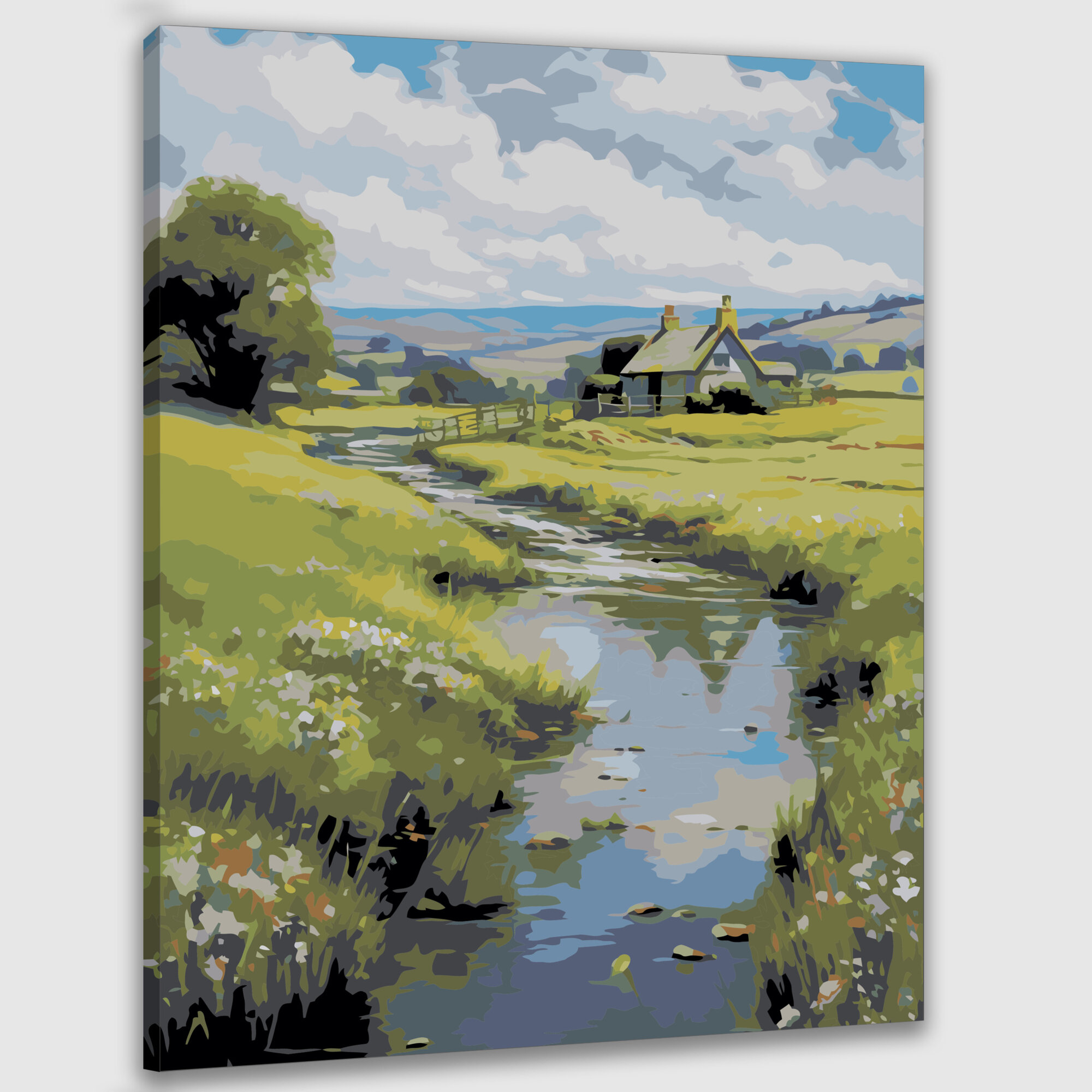 Картина по номерам 40x50 см, картина маслом, сельский пейзаж, холмы, цветы, река, небо, фермерский дом, поле, покой