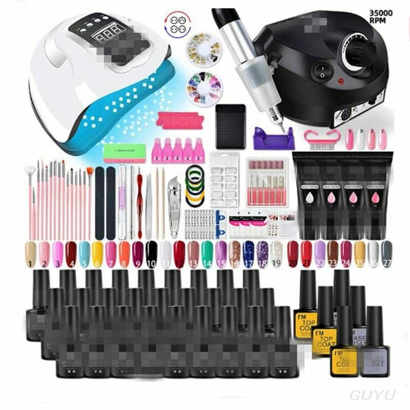 Полный стартовый набор для маникюра и педикюра с лампой для сушки ногтей и фрезером аппаратом для снятия гель лака и гель лаками
