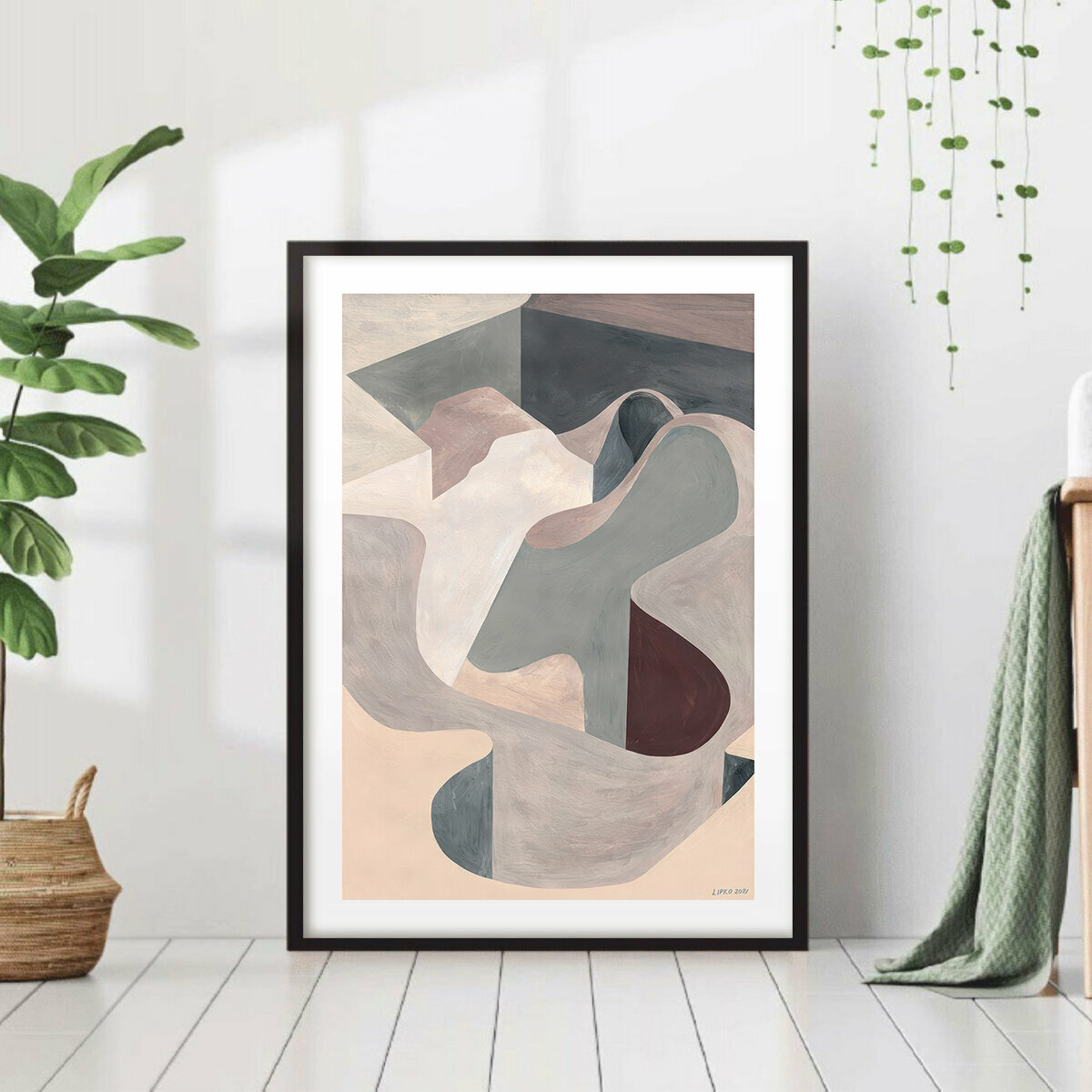 Постер "Серая Абстракция оттенки" 50x70 в черной рамке для интерьера на стену