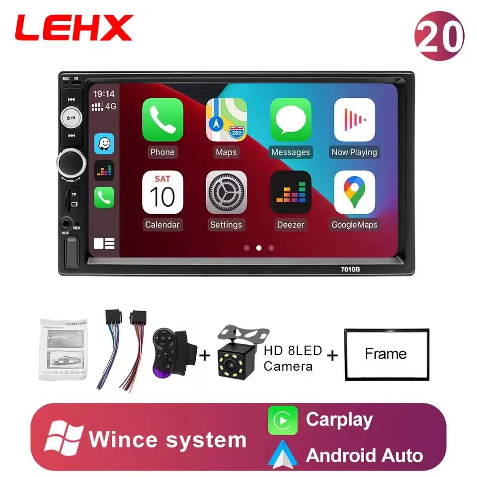 Автомагнитола LEHX 2 Din, стерео, FM, mp5-плеер, Bluetooth, сенсорный экран 7 дюймов, USB, SD 7010-Carpl-CAM-Frame