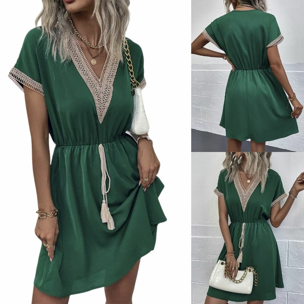 Летнее однотонное кружевное платье с V-образным вырезом и короткими рукавами-черный-L