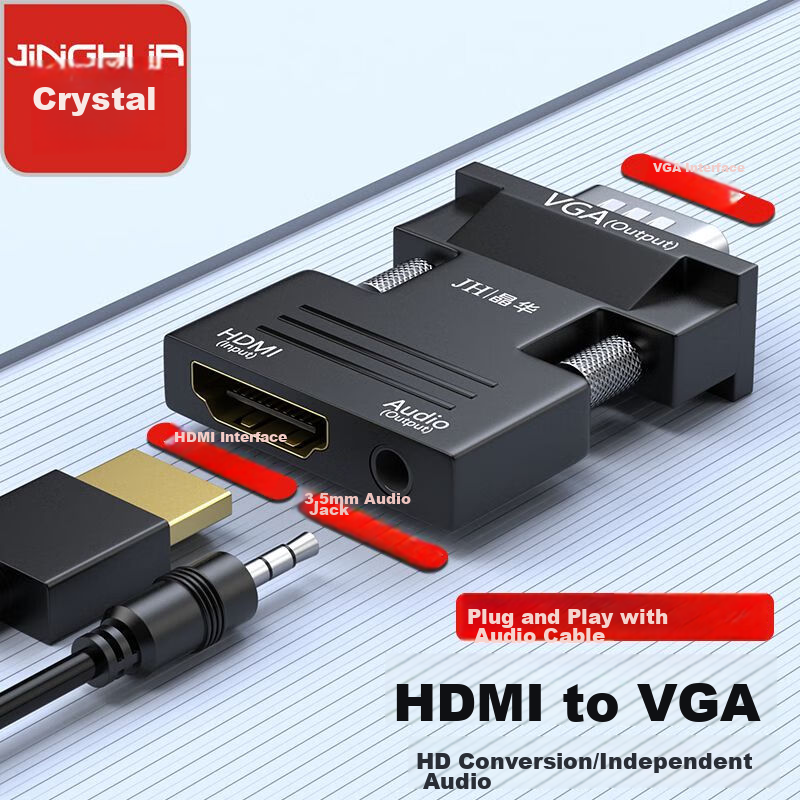 Jinghua HDMI to VGA Female to Male Converter with Audio Port, High-Definition Video Adapter for Laptop, Set-Top Box, Connecting TV, Monitor, Projector Z134