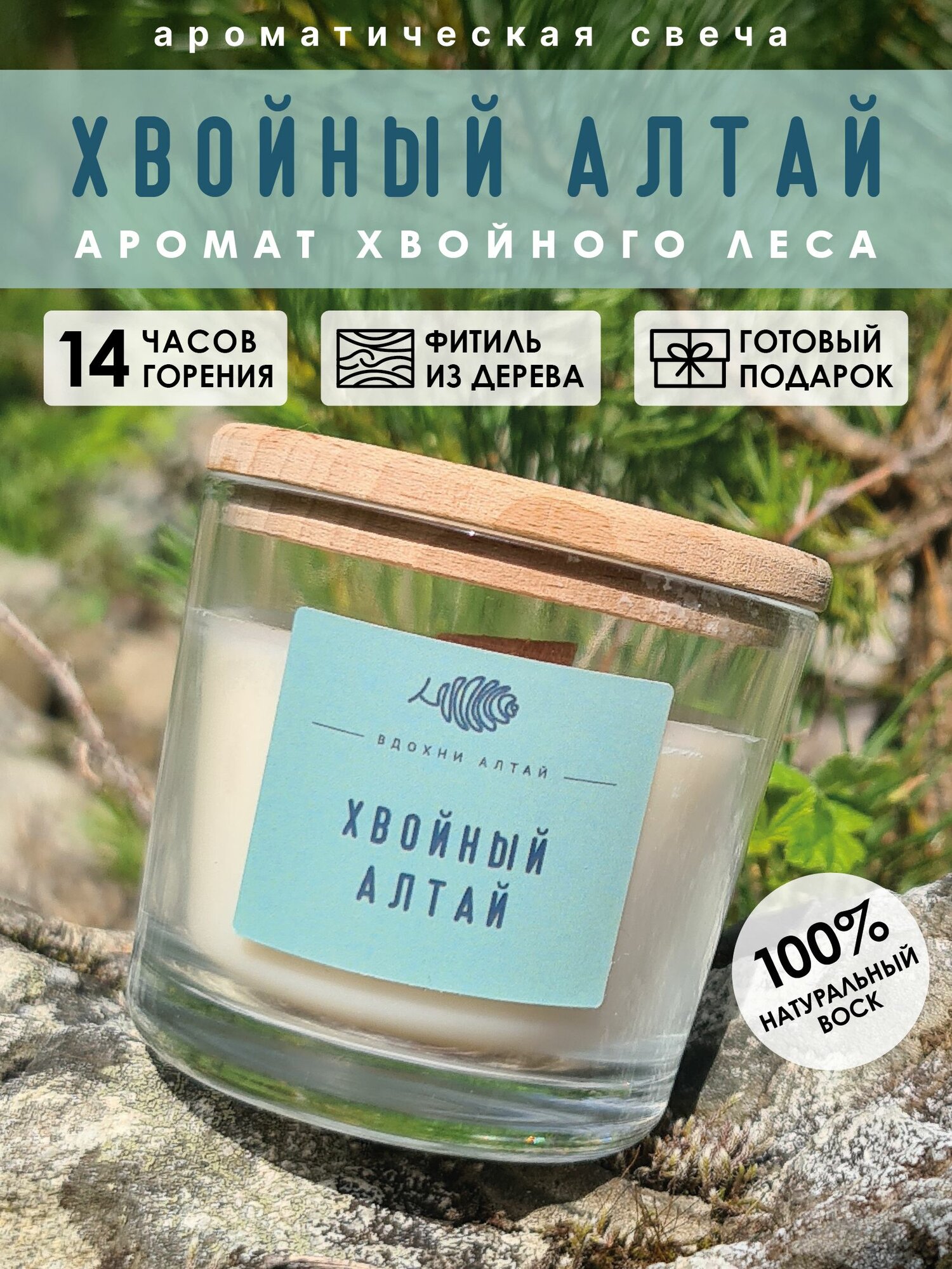 Свеча ароматическая "Хвойный Алтай" - с ароматом хвойного леса и кедра / Подарочная свеча с деревянным фитилем, 70 мл