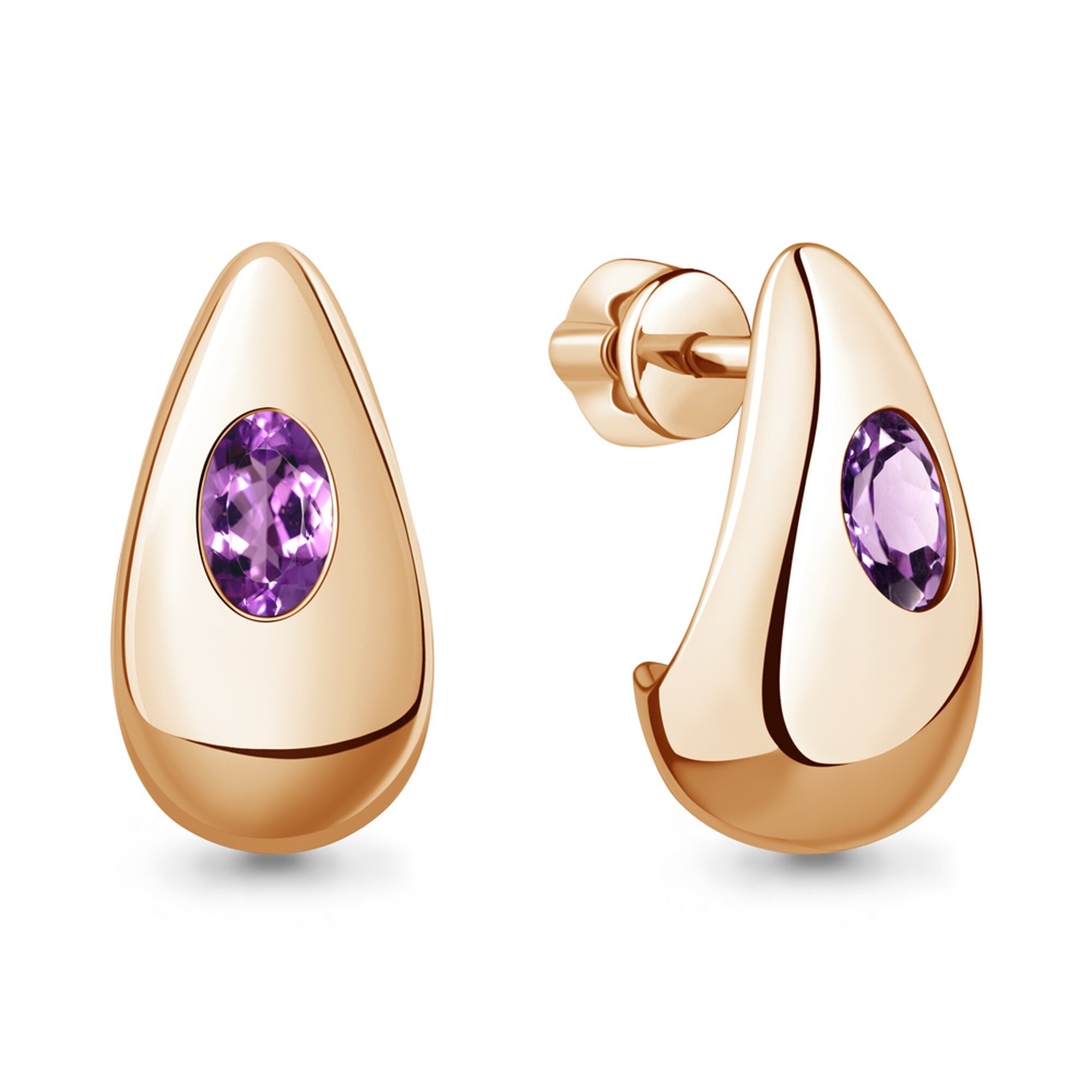 Серьги пусеты, серебро, 925 проба, золочение, аметист