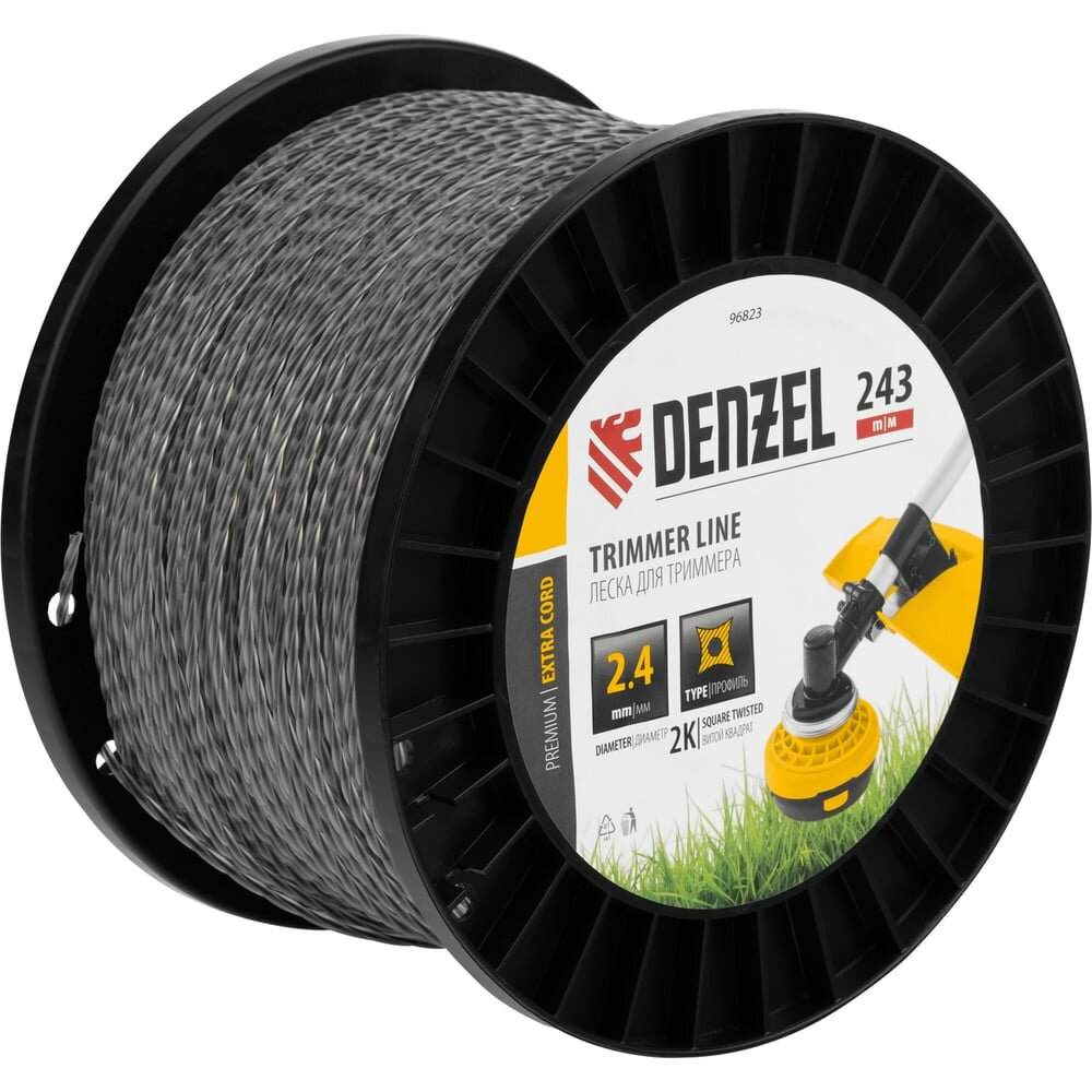 Леска двухкомпонентная EXTRA CORD (2.4 мм, 243 м, витой квадрат, на DIN катушке) для триммера Denzel 96823