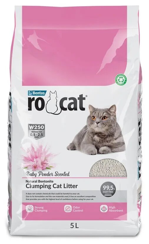 Ro Cat Комкующийся наполнитель без пыли с ароматом детской присыпки, пакет, 4.25 кг